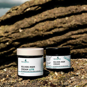 Silver-MSM skin care products including creams, soaps and shower care
